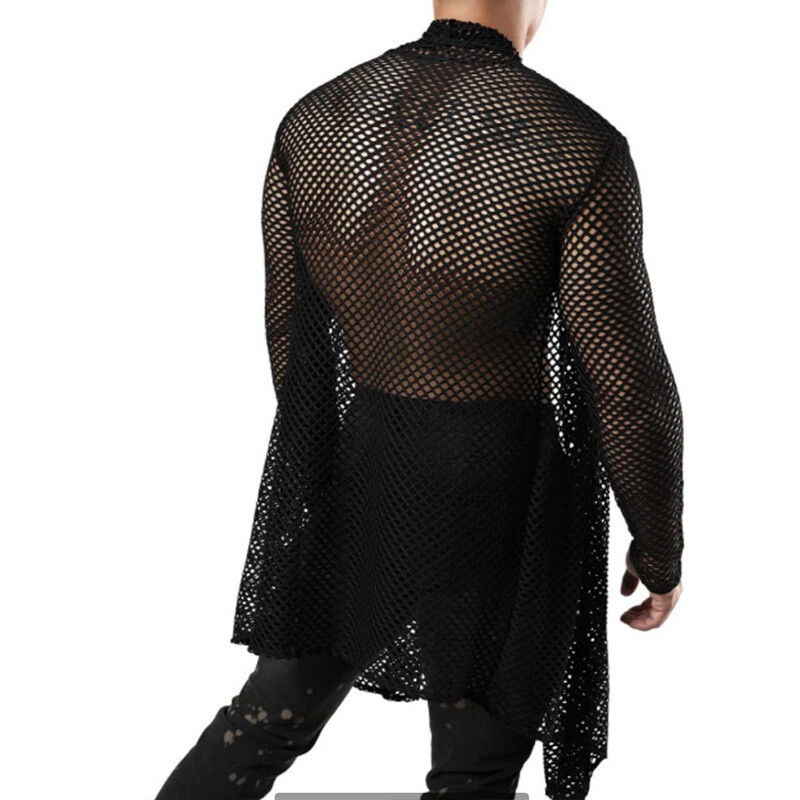 Men Mesh See-Through Gown Robe Fishnet Tops Shirt Long Sleeve Casual ...