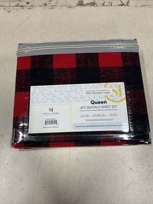 SWEET HOME 4-Piece Buffalo Sheet Set, 1800 Thread Count, Black/Red ...