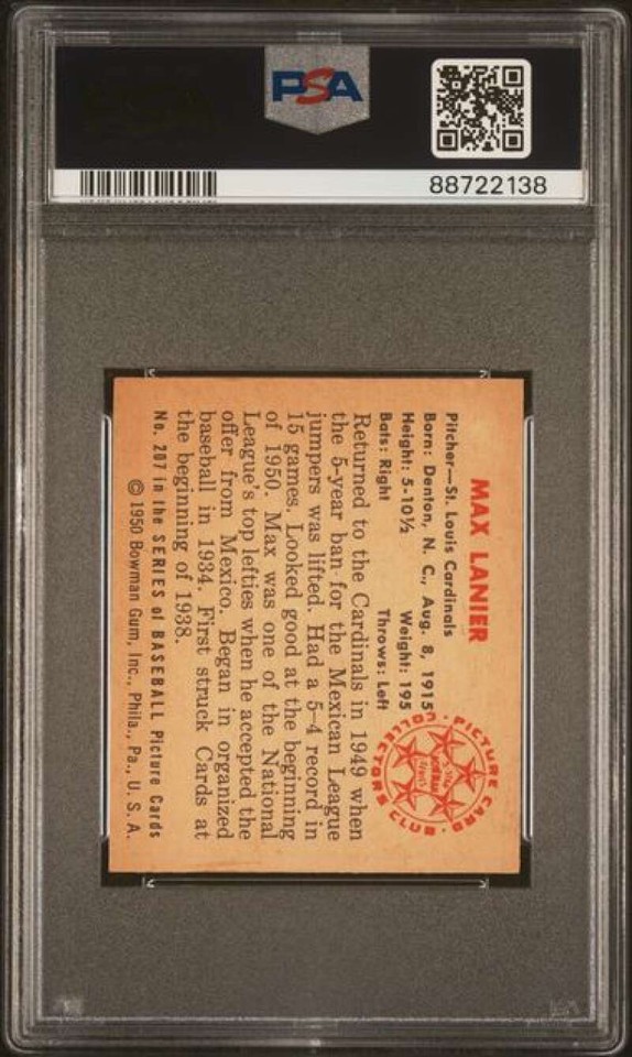 1950 Bowman #207B Max Lanier PSA 7 RC Rookie Cardinals Copyright (2138 ...
