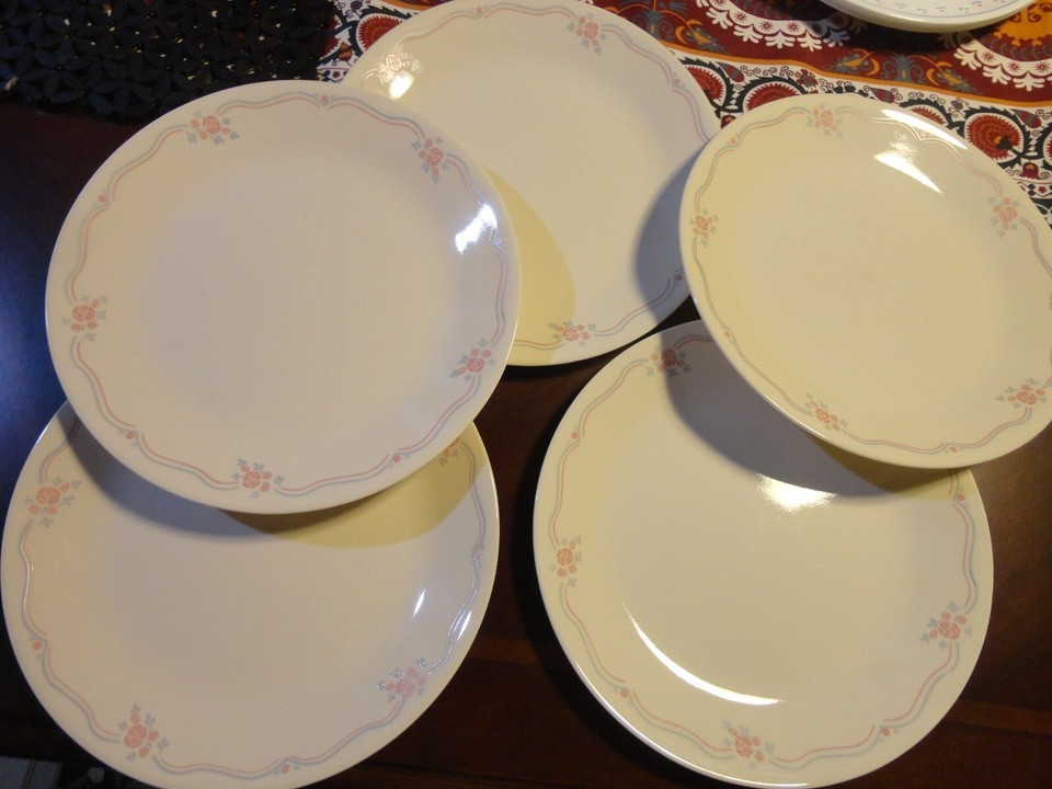 VINTAGE CORELLE ENGLISH BREAKFAST 5 DINNER PLATES PINK ROSE BLUE RIBBON ...