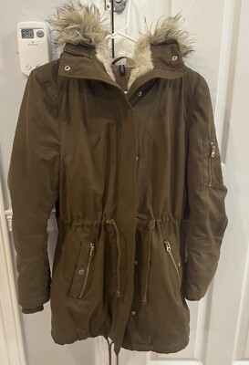 H&M Divided Hunter Green Winter Jacket W/ Fur Hood- Size 10 | eBay