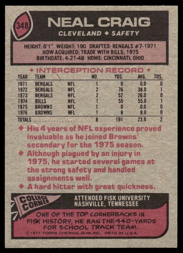 1977 Topps Neal Craig Cleveland Browns #348 | eBay