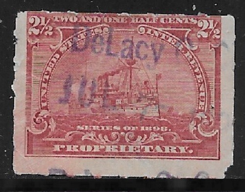 RB28 2 1/2c BATTLESHIP REVENUE w DeLacy Chemical Co. HANDSTAMP CANCEL ...