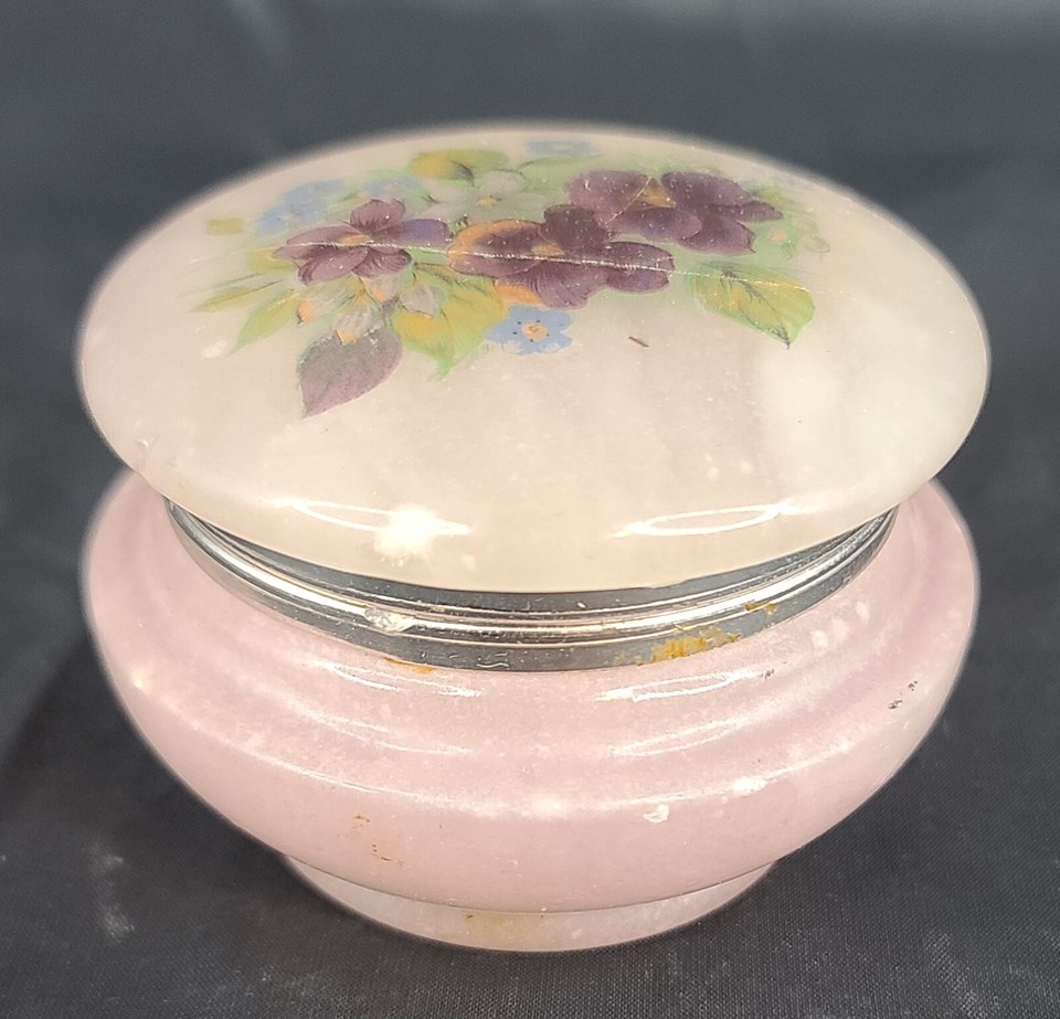 Genuine Alabaster Pink Floral Round Trinket Hinged Box Made in Italy ...
