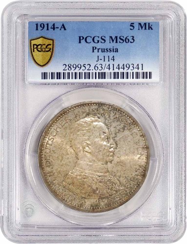 1914 A German States Prussia 5 Mark Silver Wilhelm II PCGS Secure MS63 ...