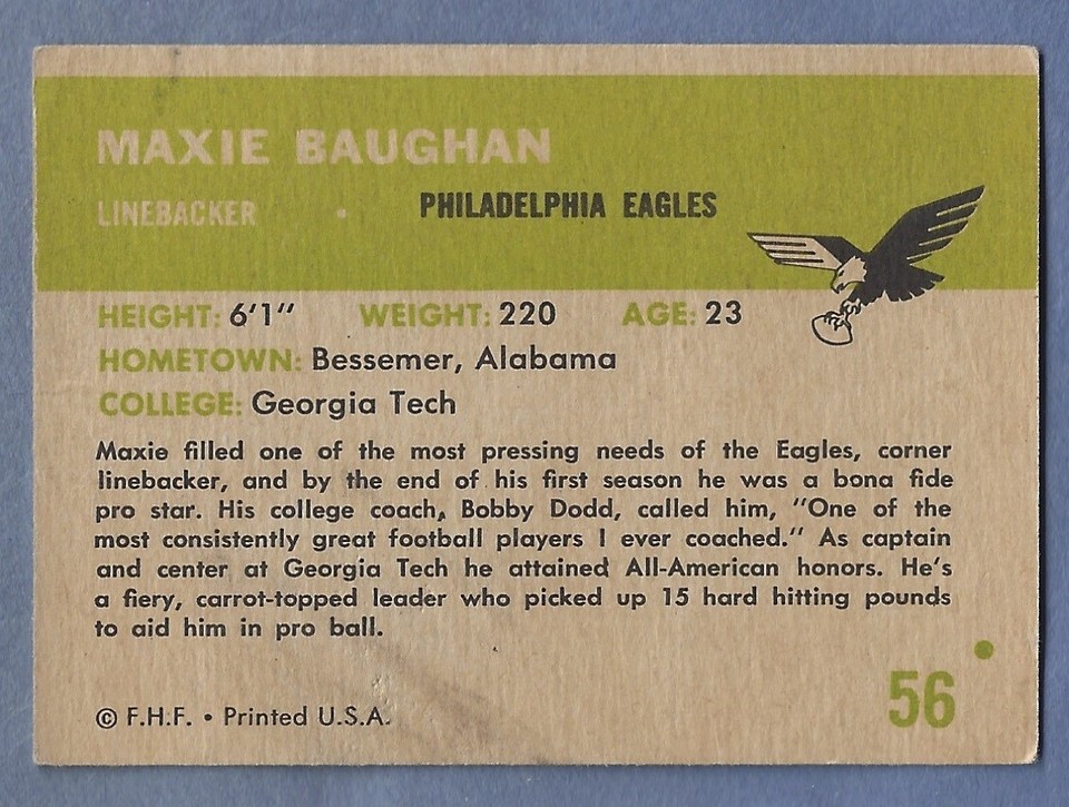 1961 Fleer Football #56 Maxie Baughan Rookie Card Eagles Good-VG | eBay