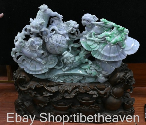 24.4" Old Chinese Emerald Jadeite Jade Carving Pixiu Brave Troops Beast ...