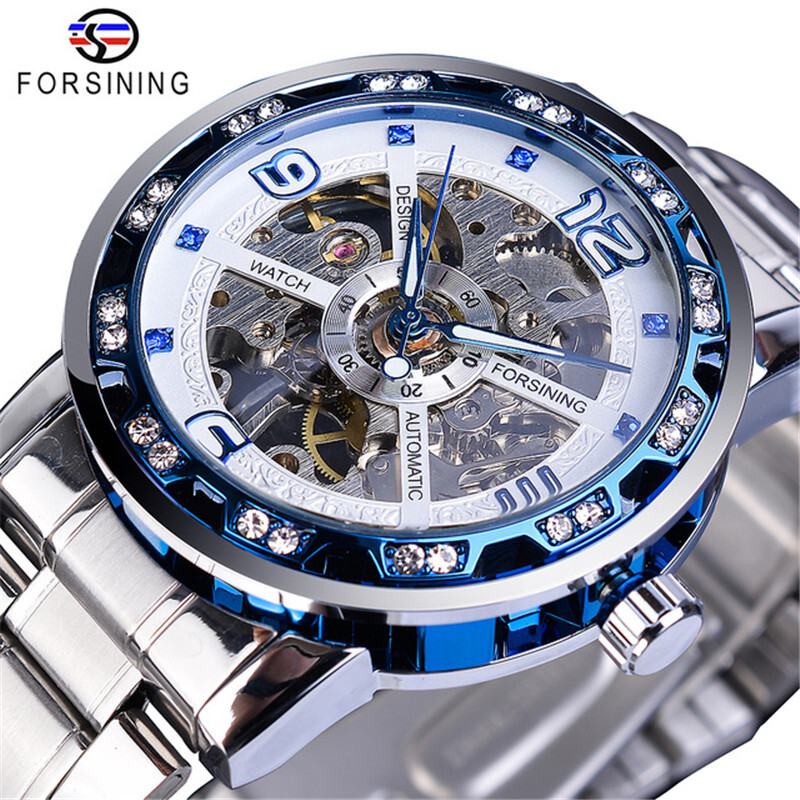 FORSINING Men's Stainless Steel Watch Luxury Diamond Skeleton ...