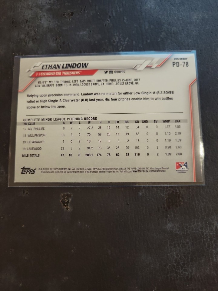 2020 Topps Pro Debut Ethan Lindow RC Rookie Card Signed IP Auto ...