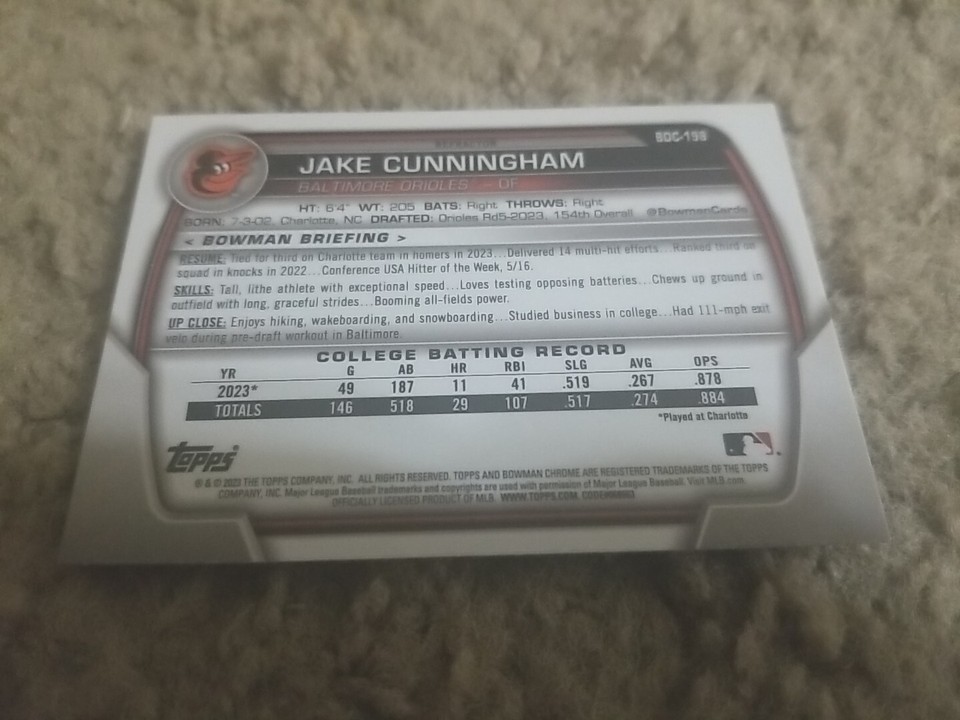 JAKE CUNNINGHAM 2023 BOWMAN DRAFT CARD #BDC-198 ORIOLES (FIRST ROOKIE ...