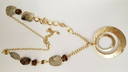 EXPRESS GOLD, BROWN & GREY BEADED TRIBAL CIRCLE PENDANT LONG CHAIN ...