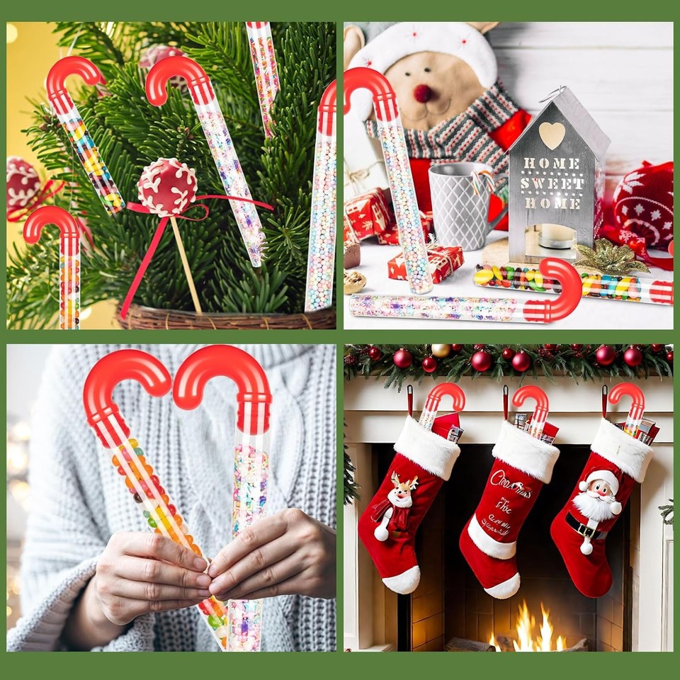 12Pcs Christmas Candy Cane Tubes Clear Plastic Sweets Containers Red ...