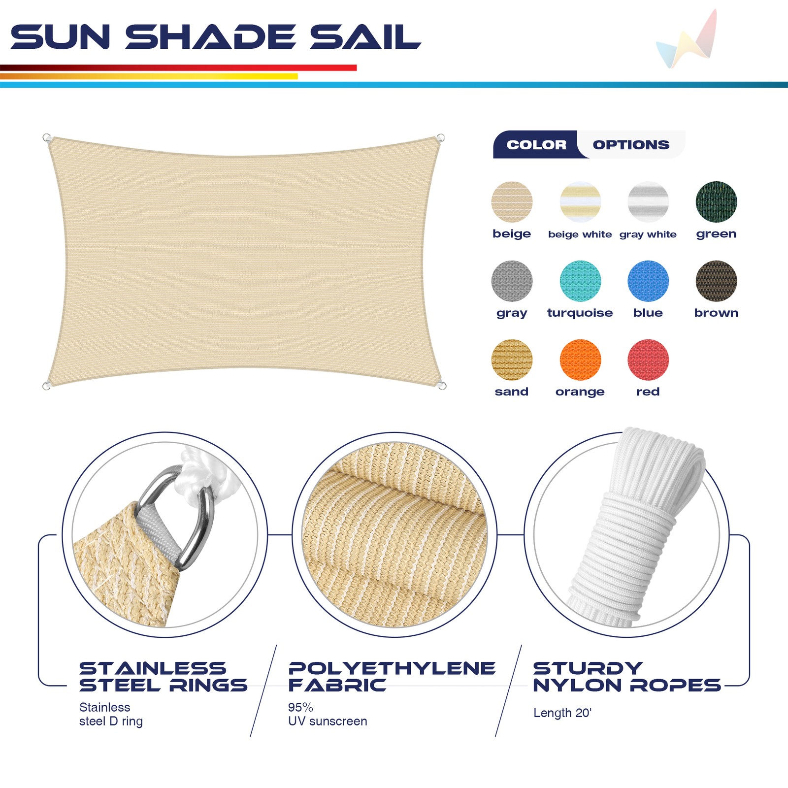 12x16 ' Sun Shade Sail Rectangle Outdoor Canopy Cover UV Block Yard ...