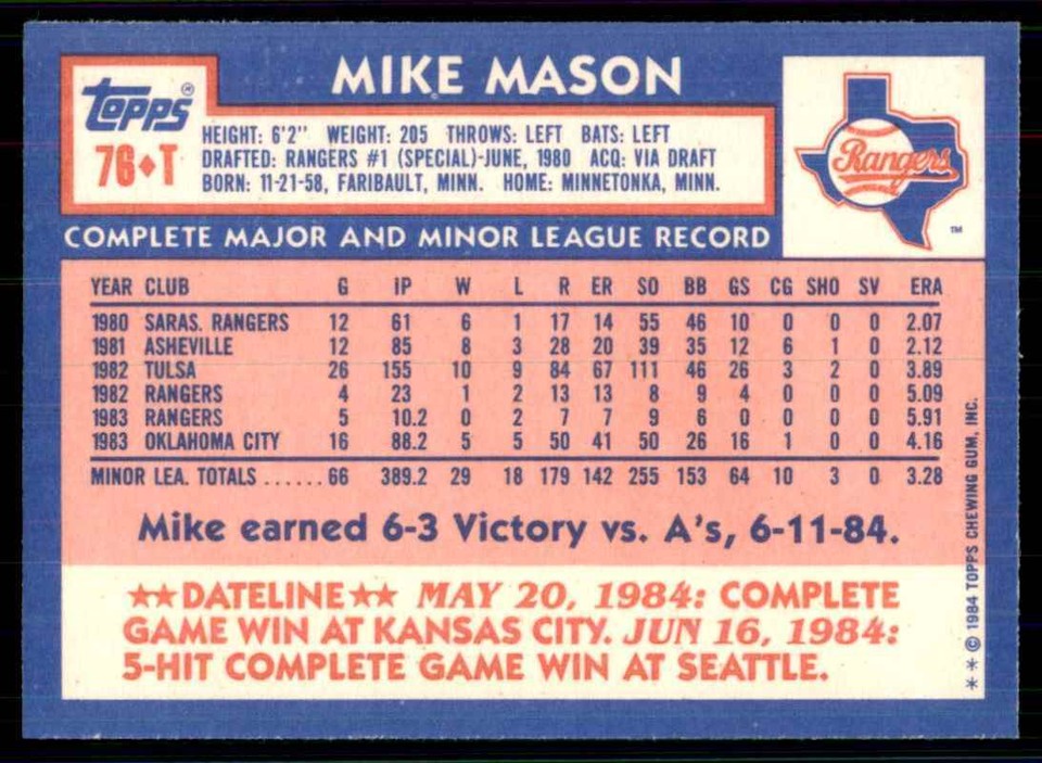 1984 Topps Traded Mike Mason Texas Rangers #76T | eBay