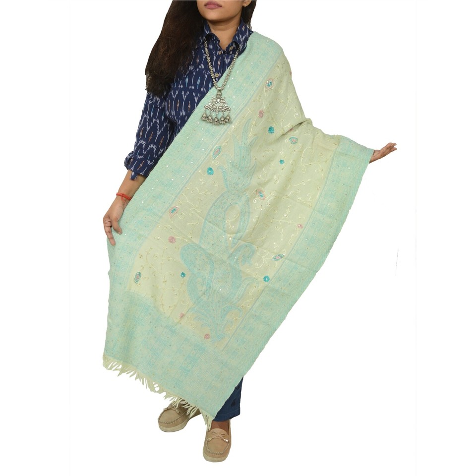 Sanskriti Vintage Green Long Shawl Handmade Ari Work Pure Woolen Scarf ...