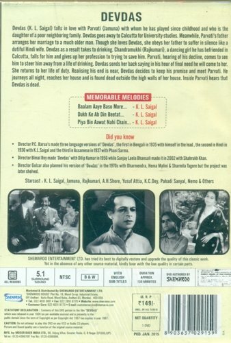 DEVDAS - DVD - KL SAIGAL - JAMUNA - RAJKUMARI - BRAND NEW - BOLLYWOOD ...