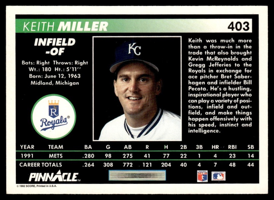 1992 Pinnacle Keith Miller Kansas City Royals #403 | eBay