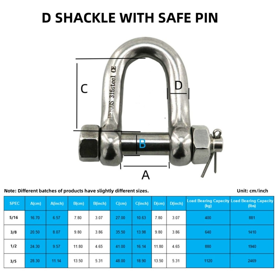 1PC 1/2'' Stainless Steel 316 Type D shackle with lock ring Clevis ...