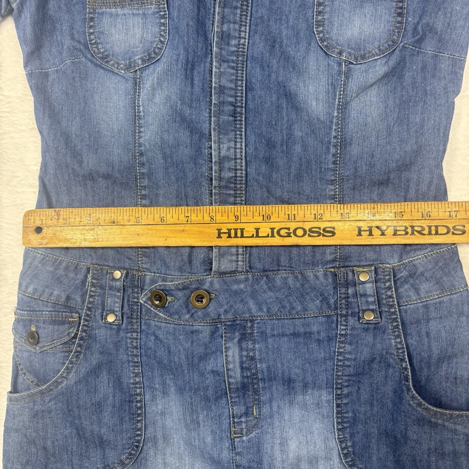 Y2K Denim Mini Jean Dress Short Sleeve Button Up Distressed Stretch Non ...