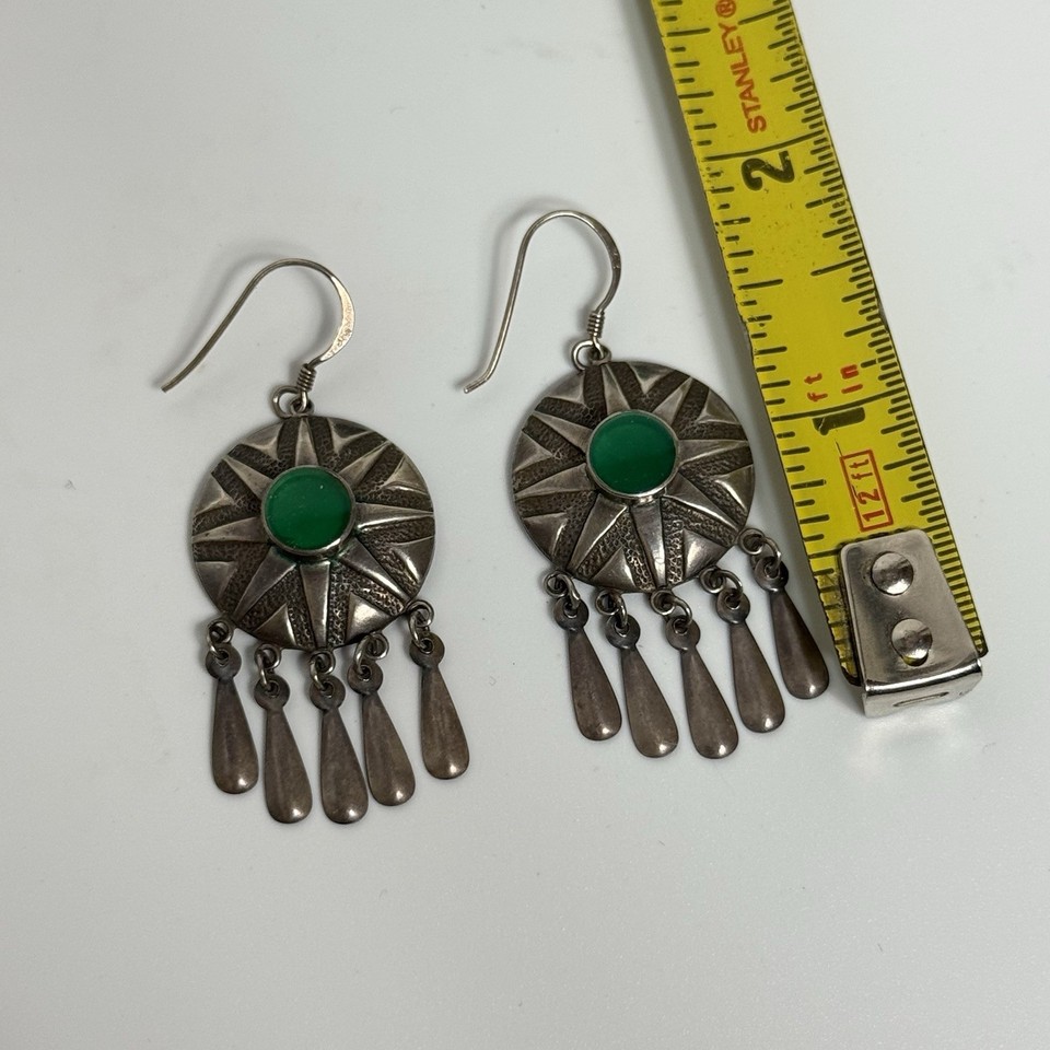 Vintage 925 Round Sterling Silver Malachite Drop Dangling Earrings ...
