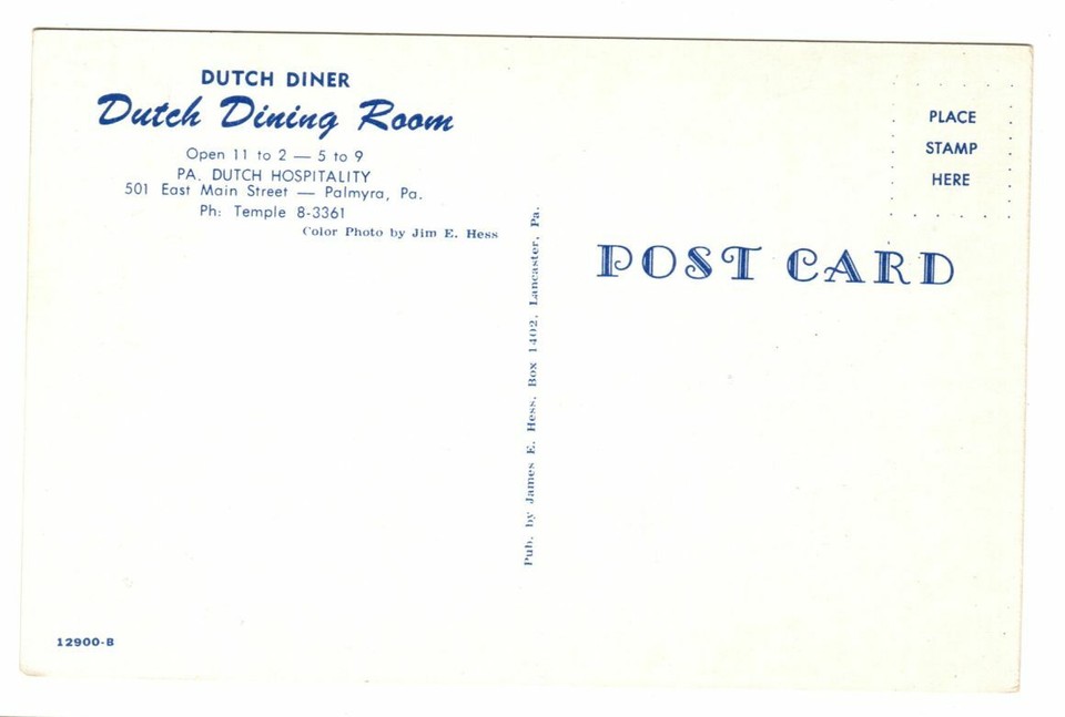 Unused Postcard Dining Room Dutch Diner Palmyra Pennsylvania PA ...
