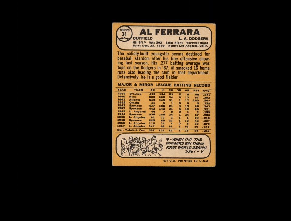 1968 Topps 34 Al Ferrara VG-EX #D1,310695 | eBay