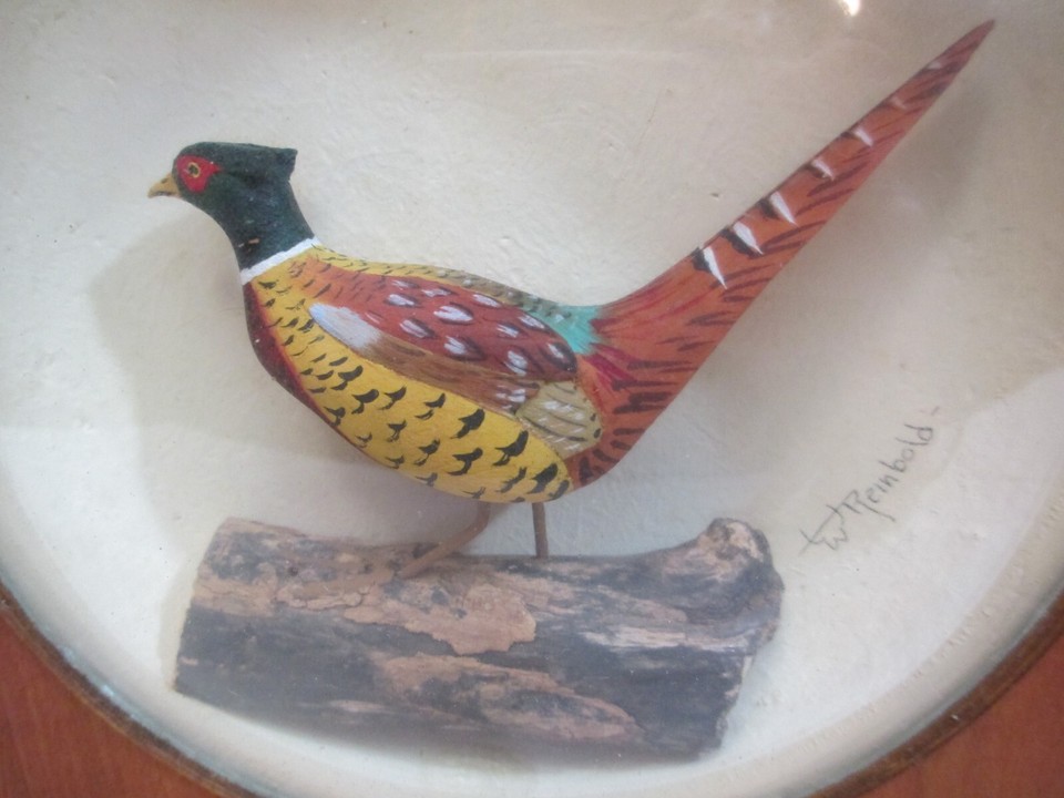William Reinbold Carved Pheasant Diorama Signed Domed Glass Folk Art ...