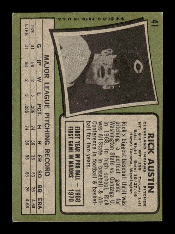 RICK AUSTIN SIGNED 1971 TOPPS BASEBALL #41 CLEVELAND INDIANS ON-CARD ...
