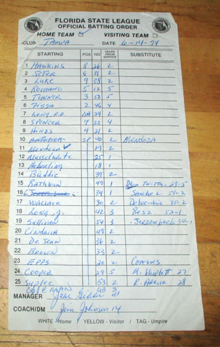 1994 Tampa Yankees Line-Up Card - Derek Jeter Last Minor League Season ...