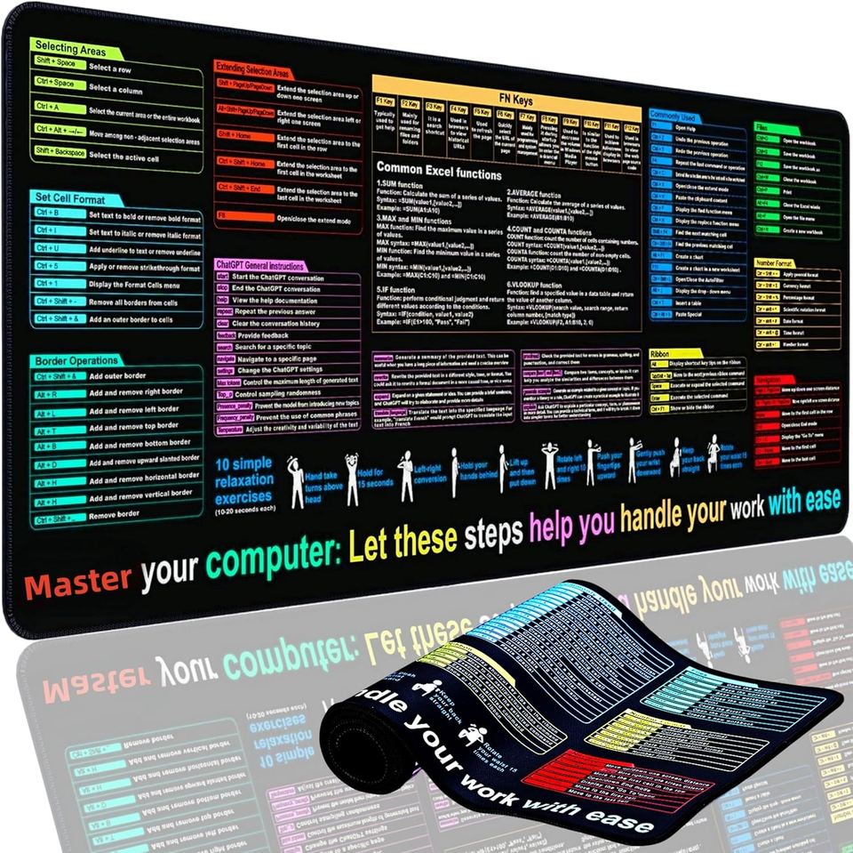 Excel Cheat Sheet Desk Pad Mat (11.8X31.5In) - XL Excel Formulas ...