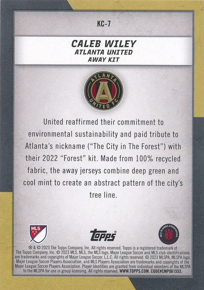 CALEB WILEY KC-7 2023 Topps MLS Soccer KITCORE ATLANTA UNITED FC | eBay