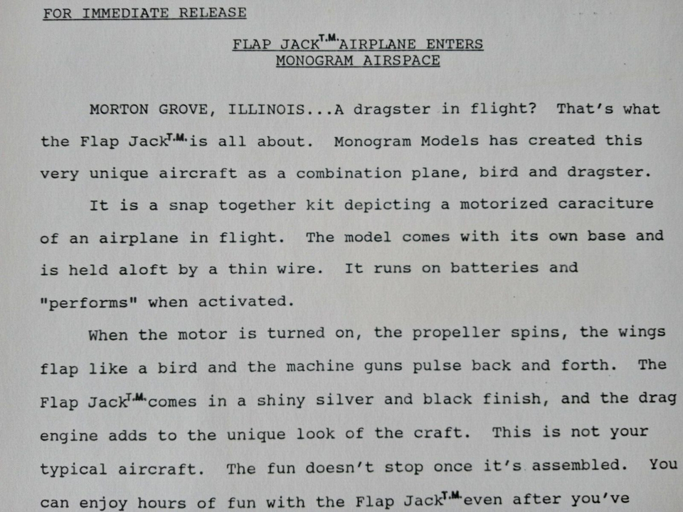 1989 Monogram Toy Fair PRESS RELEASE New Motorized Flap Jack Airplane ...