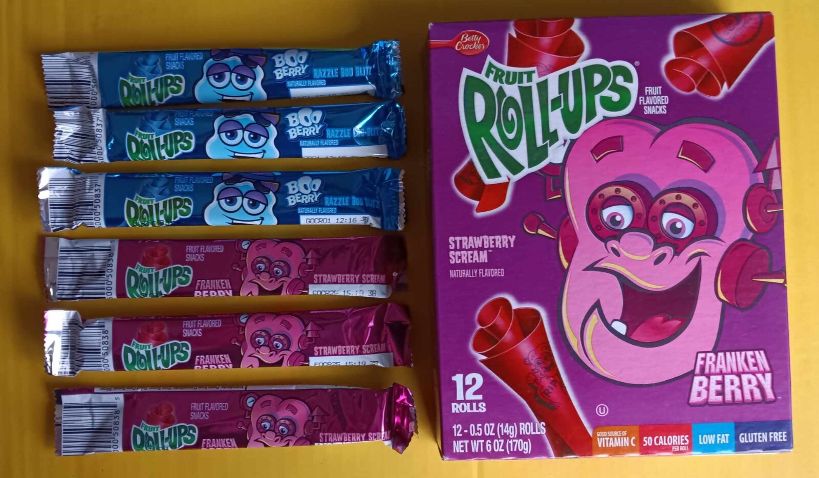 2010 FrankenBerry Monster Cereal Fruit Roll-Ups box + 6 sealed Frank ...