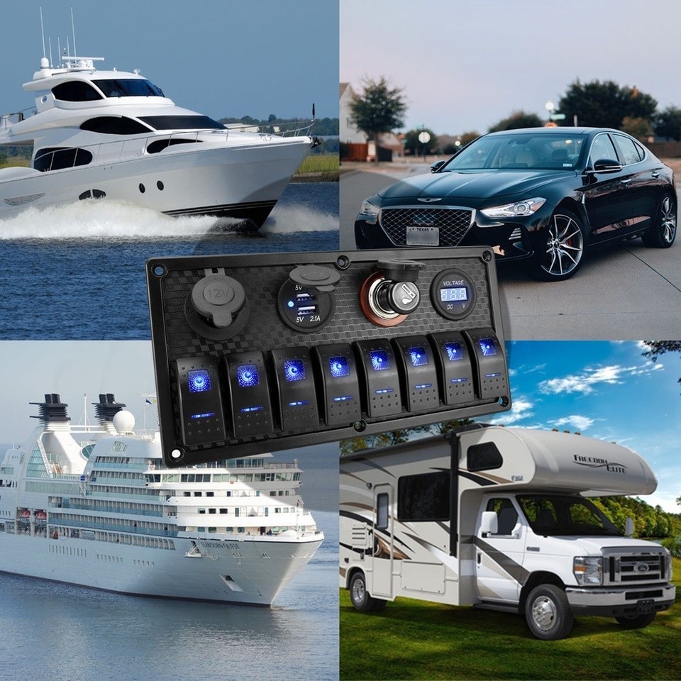 For ATVs 8 Gang Rocker Panel Dual 12V Sockets Marine Use ABS+PC+copper ...