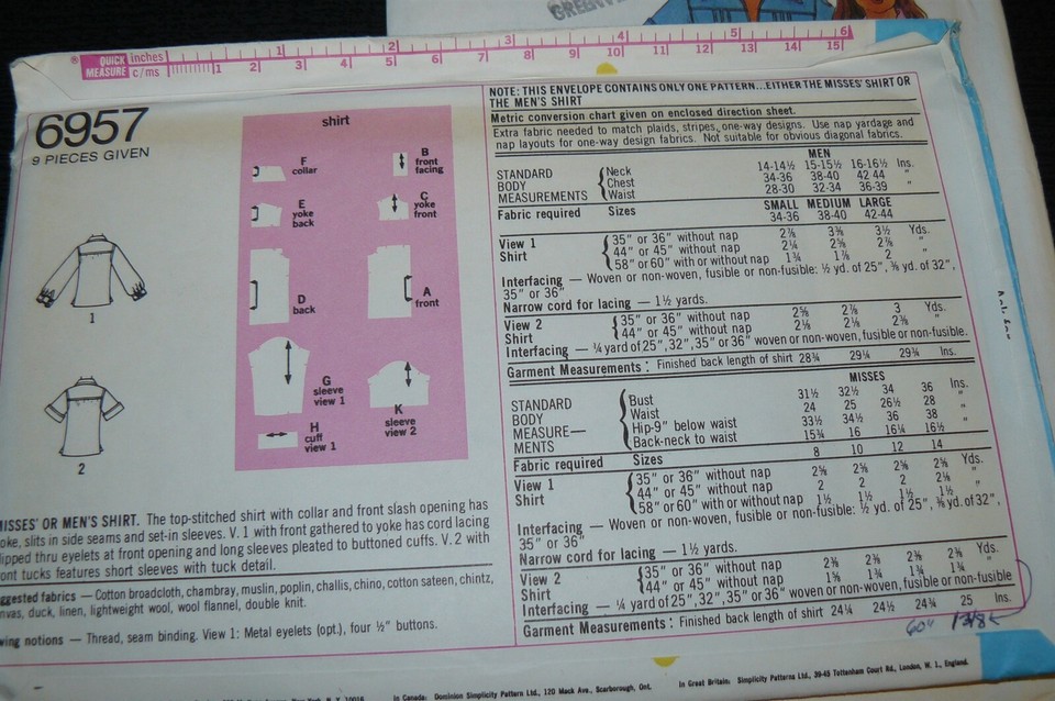 2 Vintage 1970s Simplicity Patterns 6957 Unisex Shirts Size 14 38-40 ...