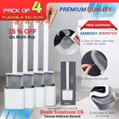 Pack of 4 Silicone Toilet Bathroom Soft TPR Cleaning Brush with Holder ...