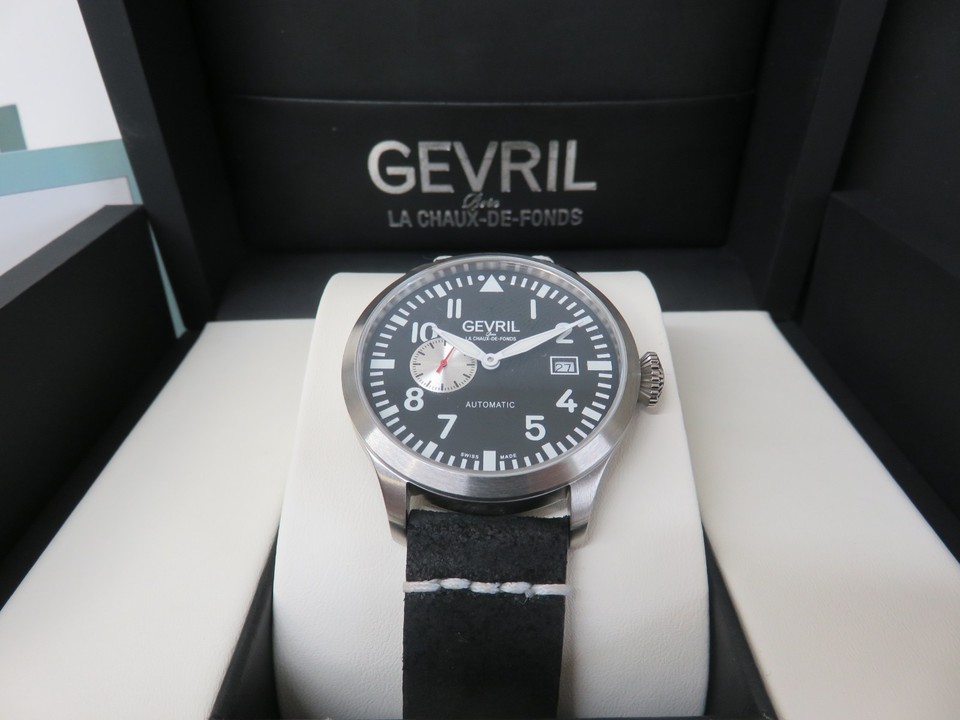 Gevril Men's 43512 Vaughn Pilot Subdial SA110 Swiss Made Black Leather ...