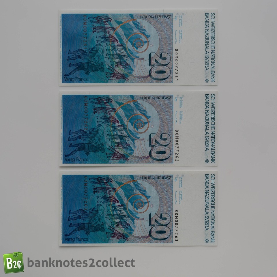 SWITZERLAND: 3 x 20 Swiss Franc Banknotes with Consecutive Serial ...