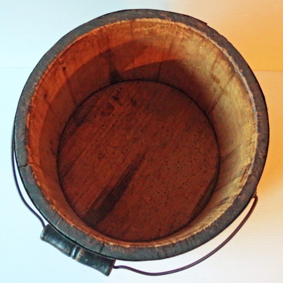 Antique Red Painted Wood Firkin with Iron Straps, Cover & Bail Handle 9 ...