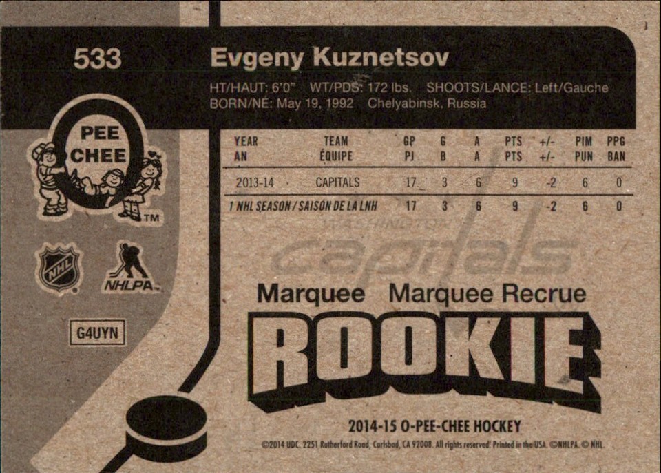 2014-15 O-Pee-Chee RETRO RC #533 Evgeny Kuznetsov WASHINGTON CAPITALS ...