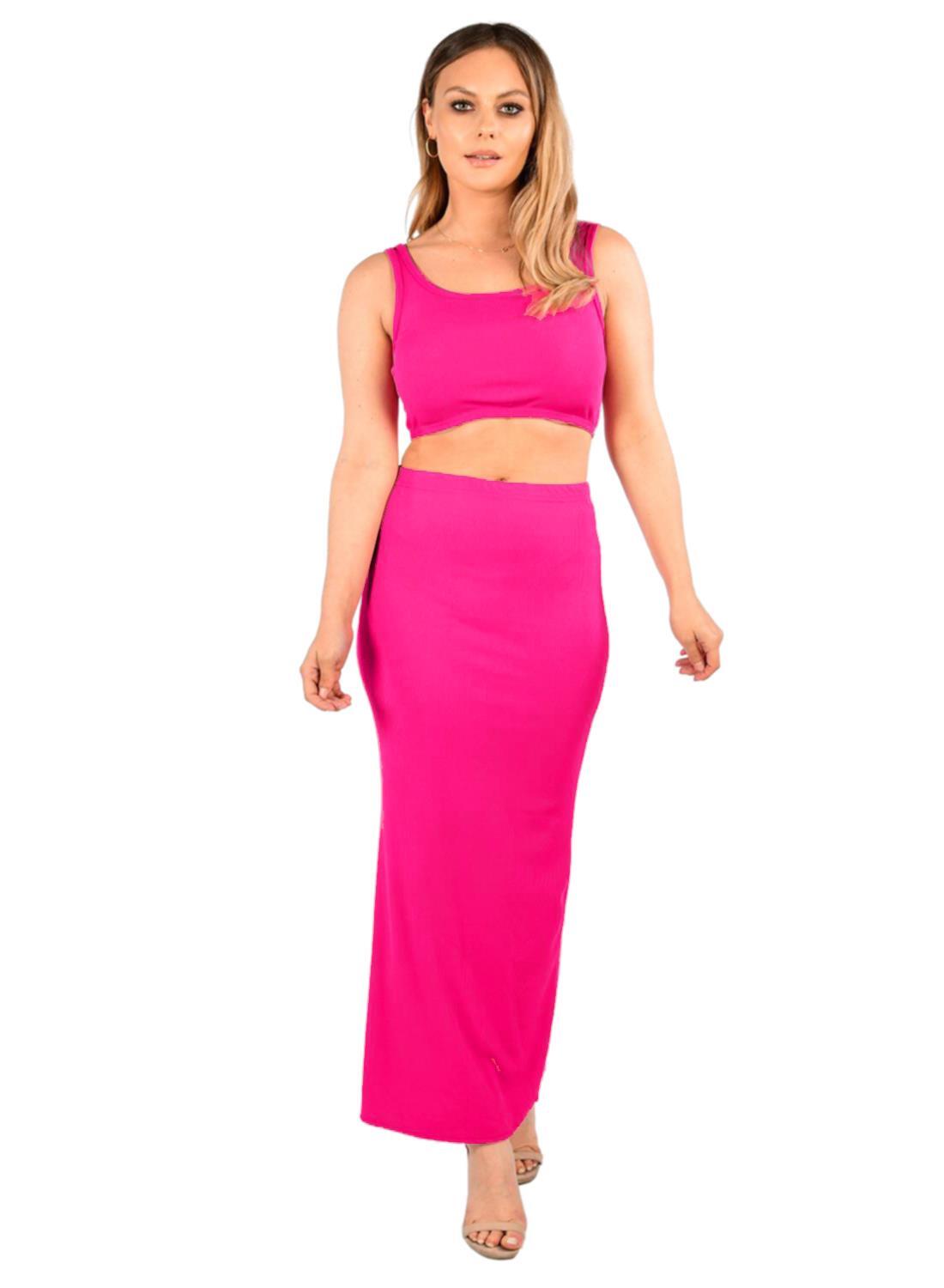 Womens Ladies Ribbed Sleeveless Crop Top Maxi Skirt Two Piece Co Ord