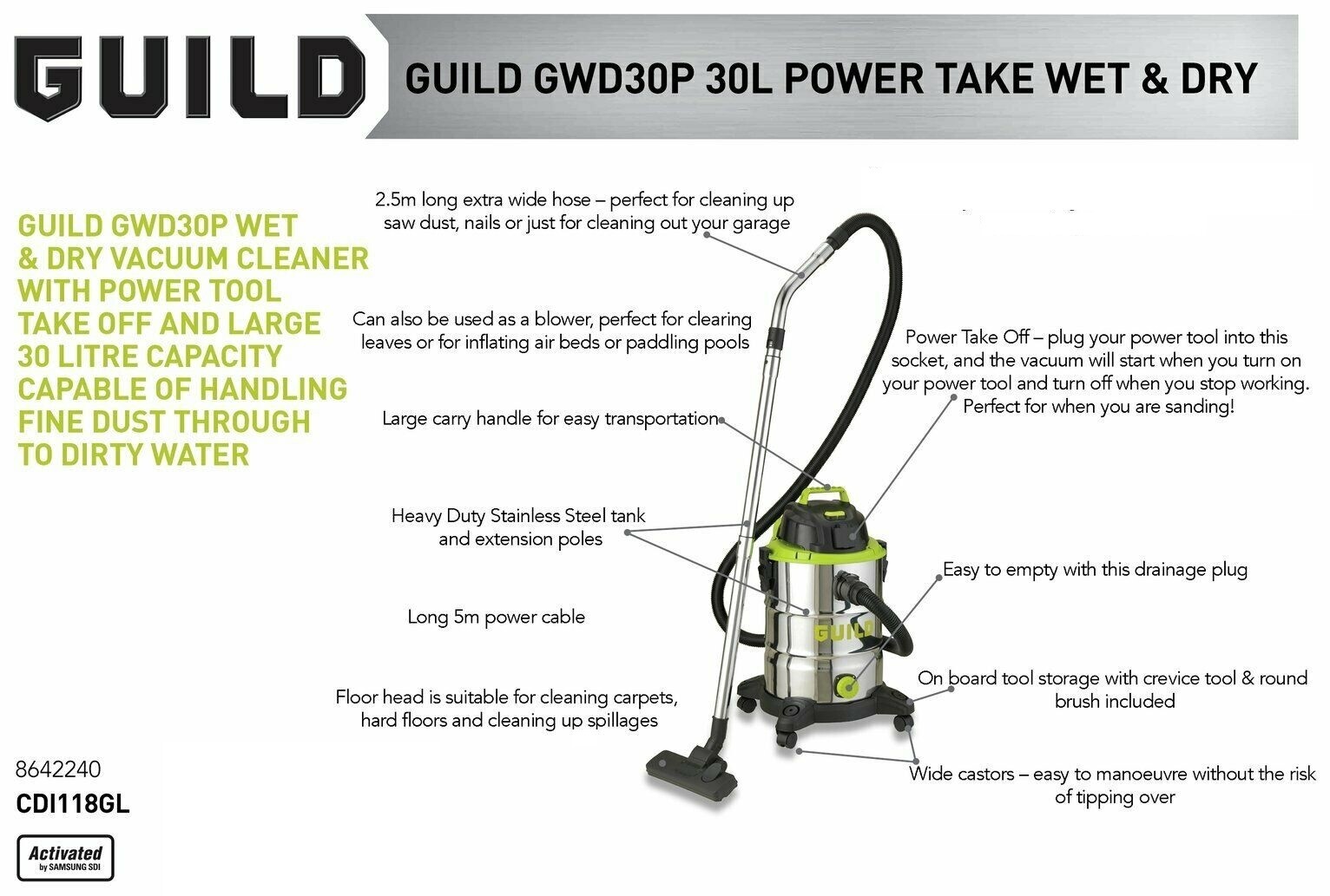 Guild 30l Wet And Dry Canister Vacuum Cleaner With Power Take Off 1500w