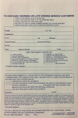 Drop Off Envelopes For Auto Service • Qty.100 • 6 x 9 • EBE-7170-SL ...