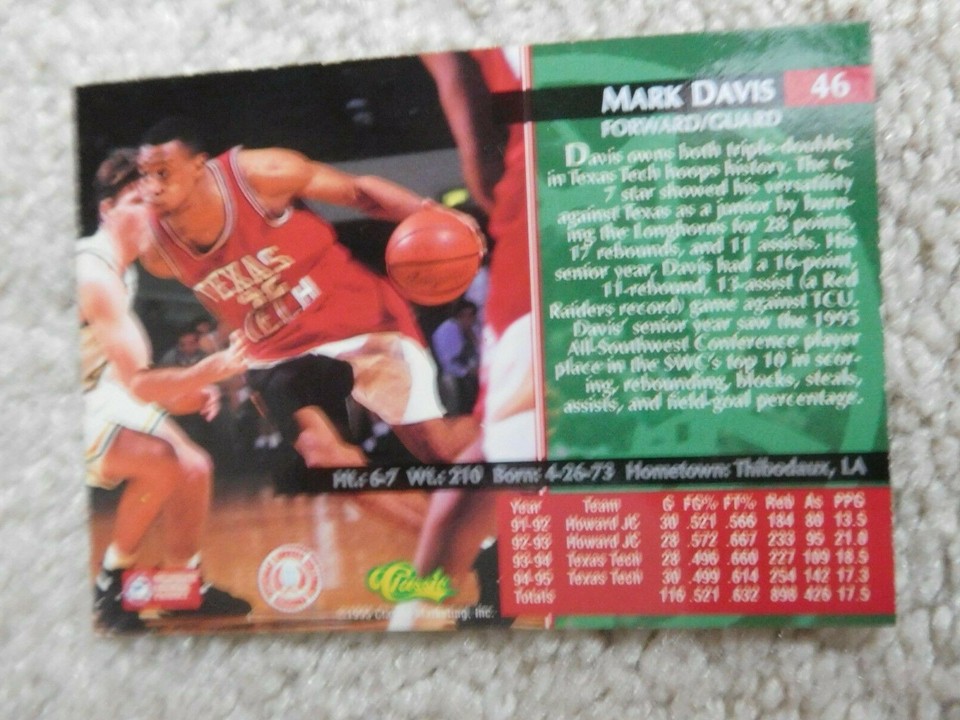 Mark Davis Autographed Signed 95-96 Classic Card Texas Tech 76ers ...