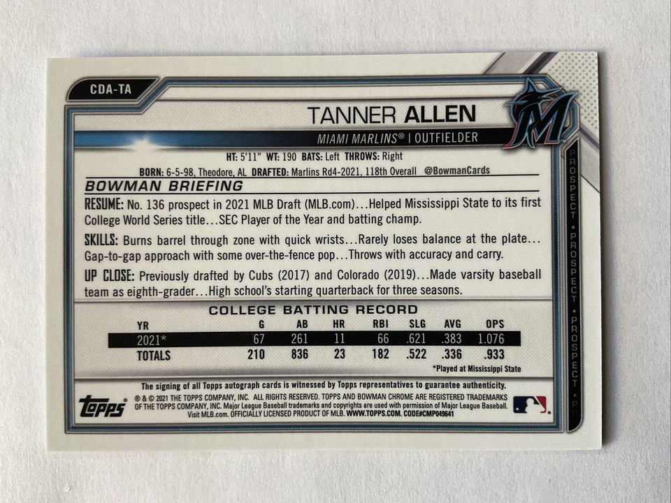 2021 Bowman Chrome Draft Auto TANNER ALLEN 1st Bowman Miami MARLINS # ...
