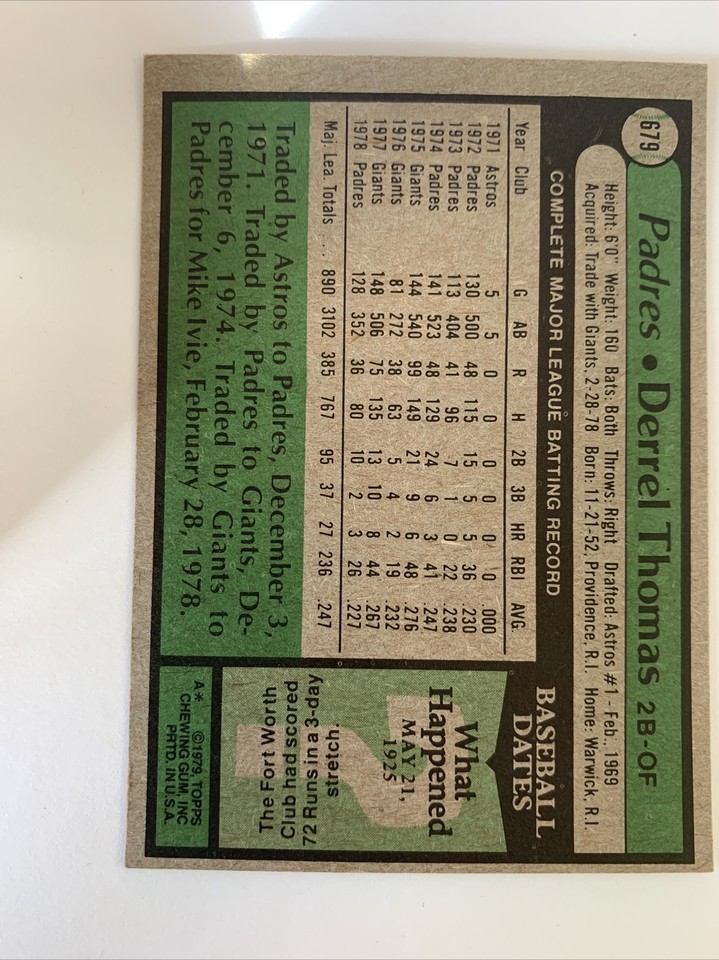 1979 Topps Baseball Card #679 Derrell Thomas San Diego Padres Nm Free ...