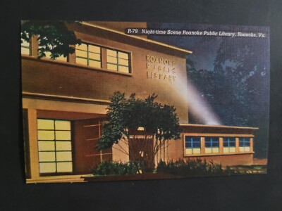 Vintage Linen Postcard Night-Time Roanoke Public Library, Roanoke ...