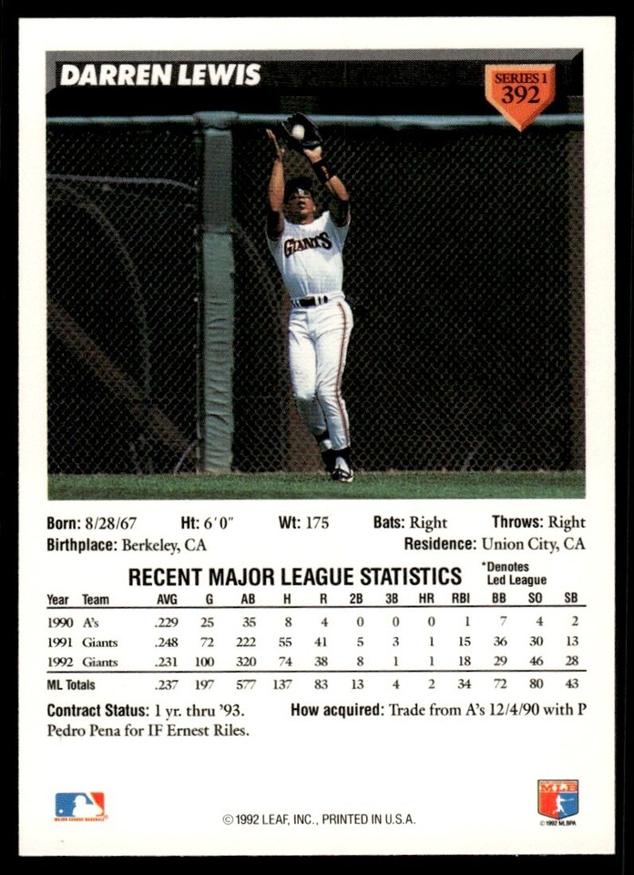 1993 Donruss Baseball Card Darren Lewis San Francisco Giants #392 | eBay