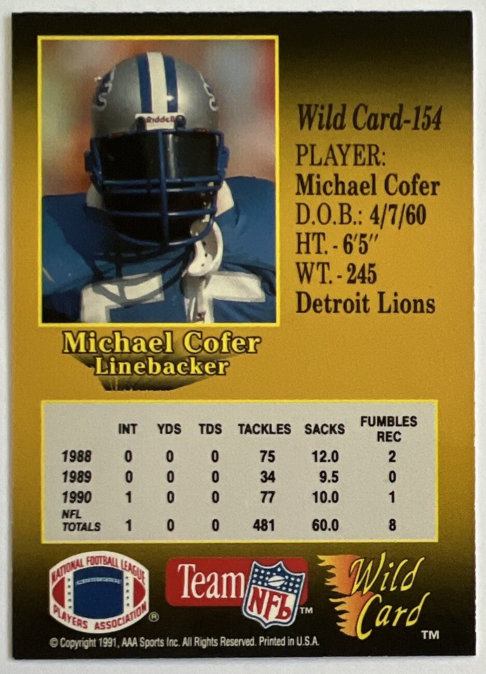 Michael Cofer 1991 Wild Card 10-Stripe Parallel #154 Detroit Lions ...