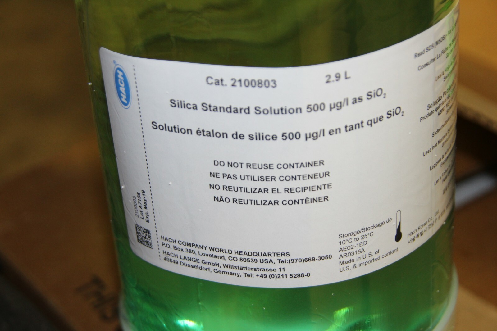 Hach 2100803 Silica Standard Solution 500 Ug/l as Sio2 2.9l Case of 4 ...
